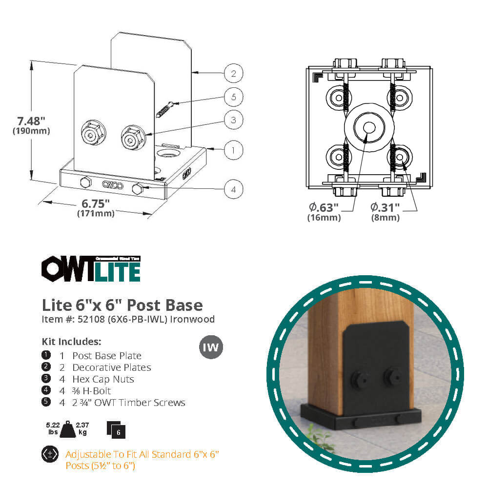 6 in. x 6 in. Post Base Ironwood OWT-Lite - OZCO Building Products